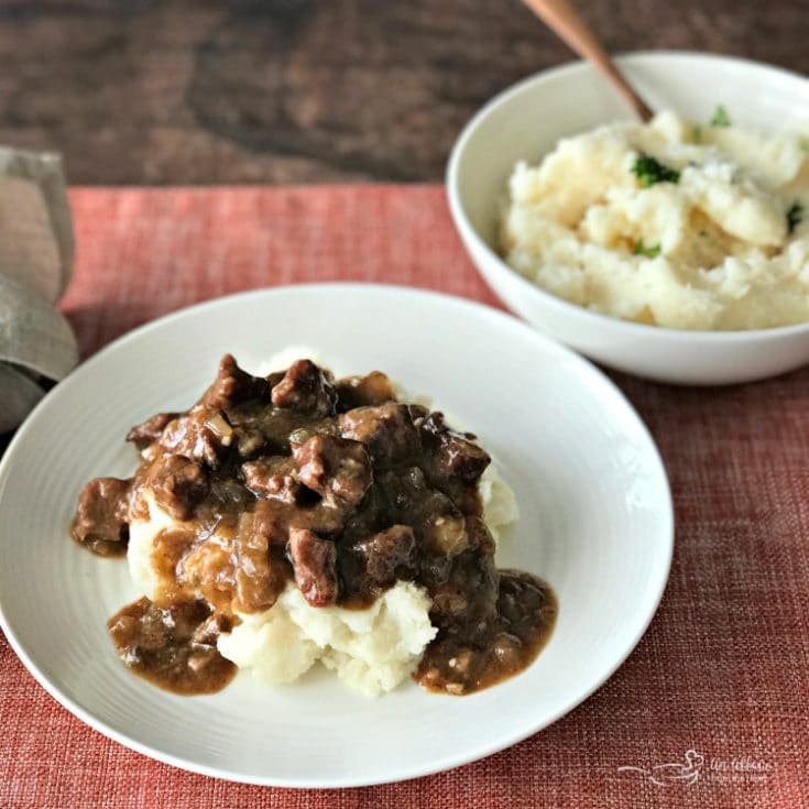 Beef Tips & Gravy served over mashed potatoes. Pure Comfort Food!