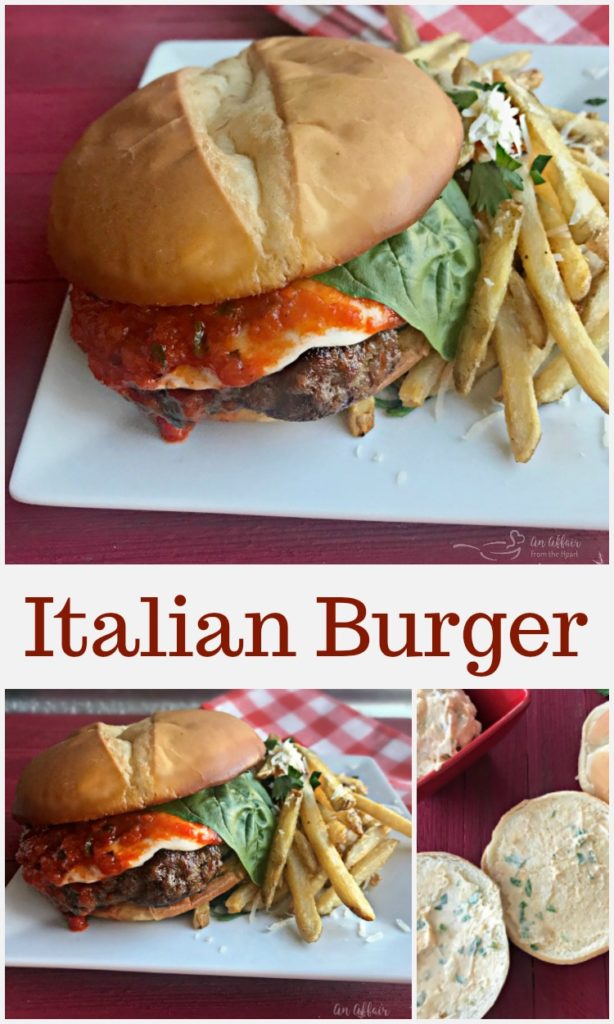 Italian Burger with fresh basil and mozzarella on a garlic bread bun.