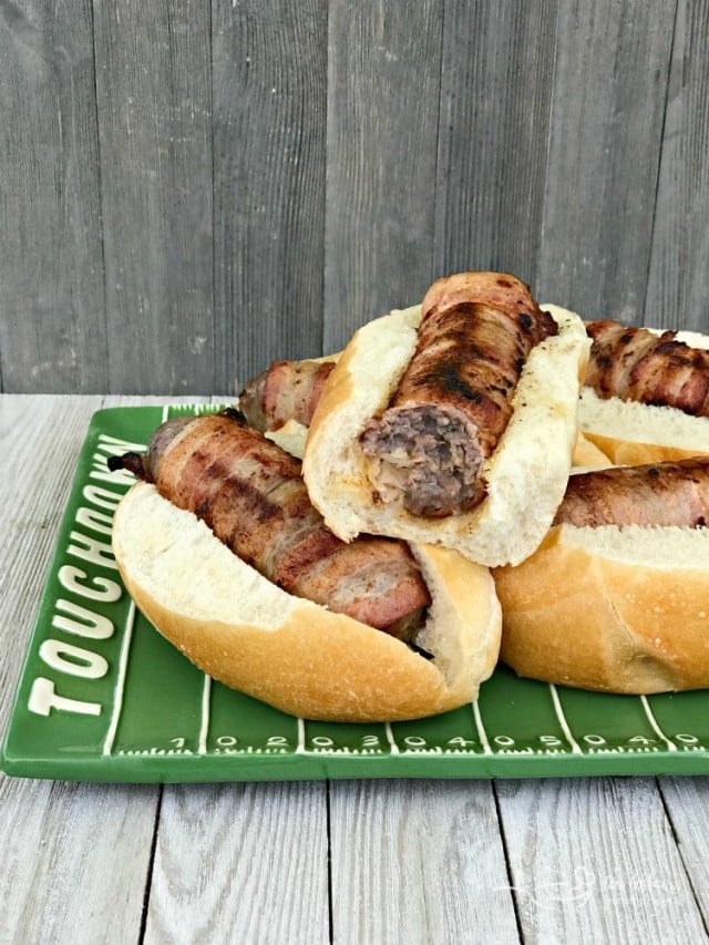 Kraut Stuffed Bacon Wrapped Brats - perfect for tailgating or anytime!