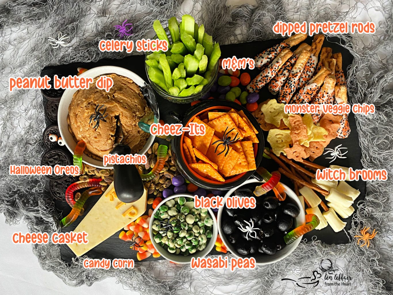 Sweet & Savory Halloween Snack Board with Peanut Butter Dip