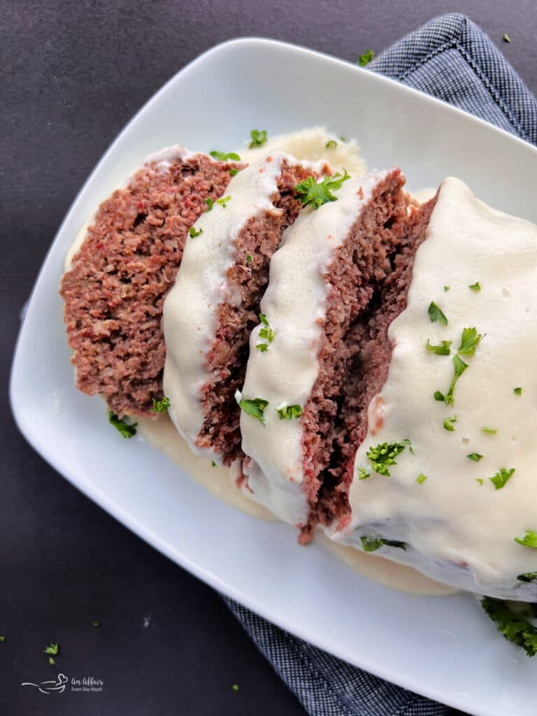 Reuben Meatloaf (Corned Beef Meatloaf + Swiss Cheese Sauce)